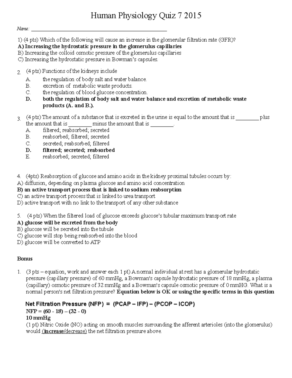 Quiz 7 2015 key - back exam for studying - Human Physiology Quiz 7 2015 ...