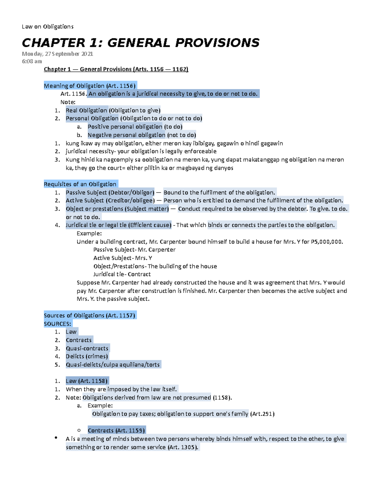 Law on Obligations and Contracts - Law on Obligations CHAPTER 1: GENERAL PROVISIONS Monday, 27 ...