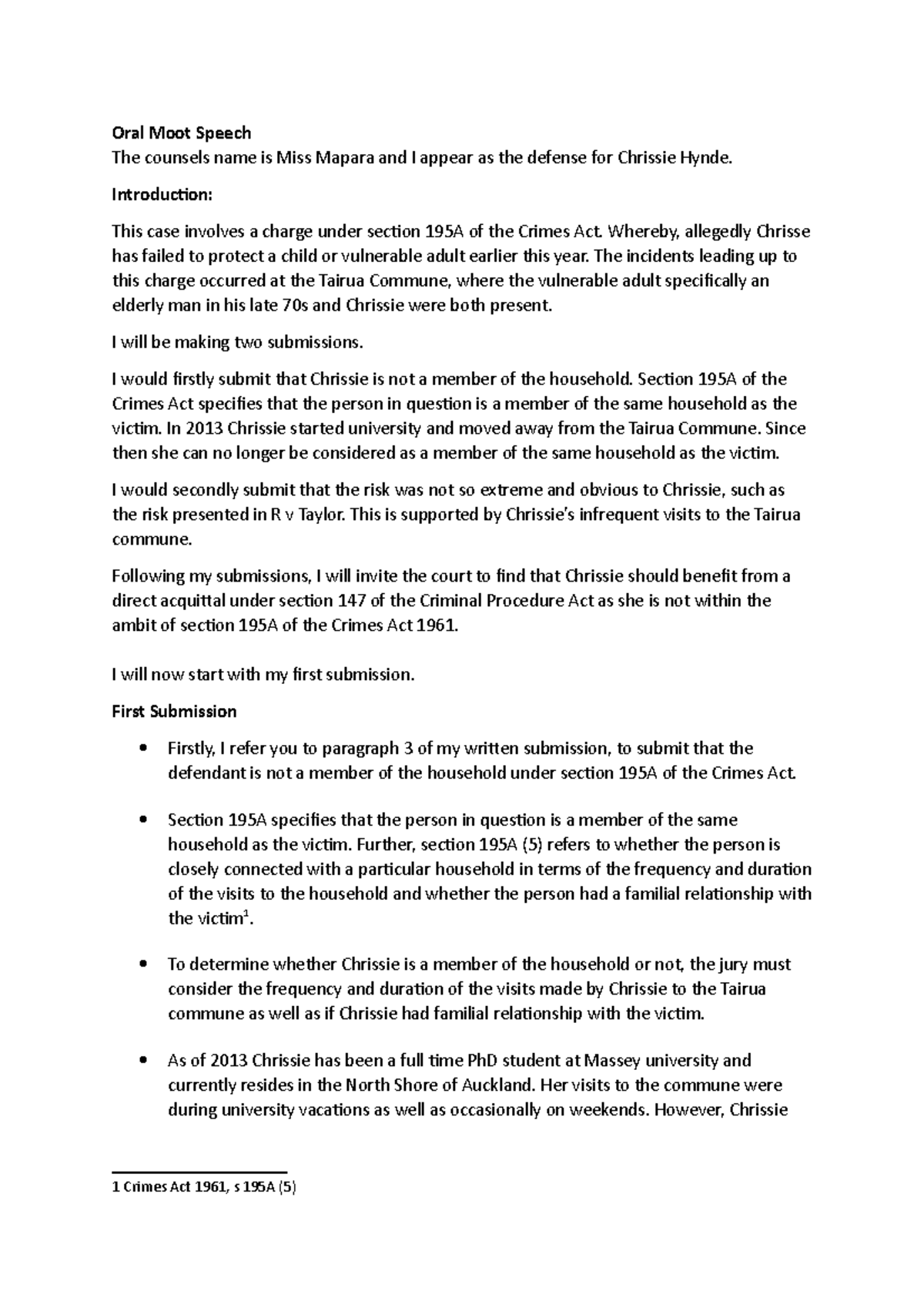 Oral Moot Speech - Oral Moot Speech The counsels name is Miss Mapara ...