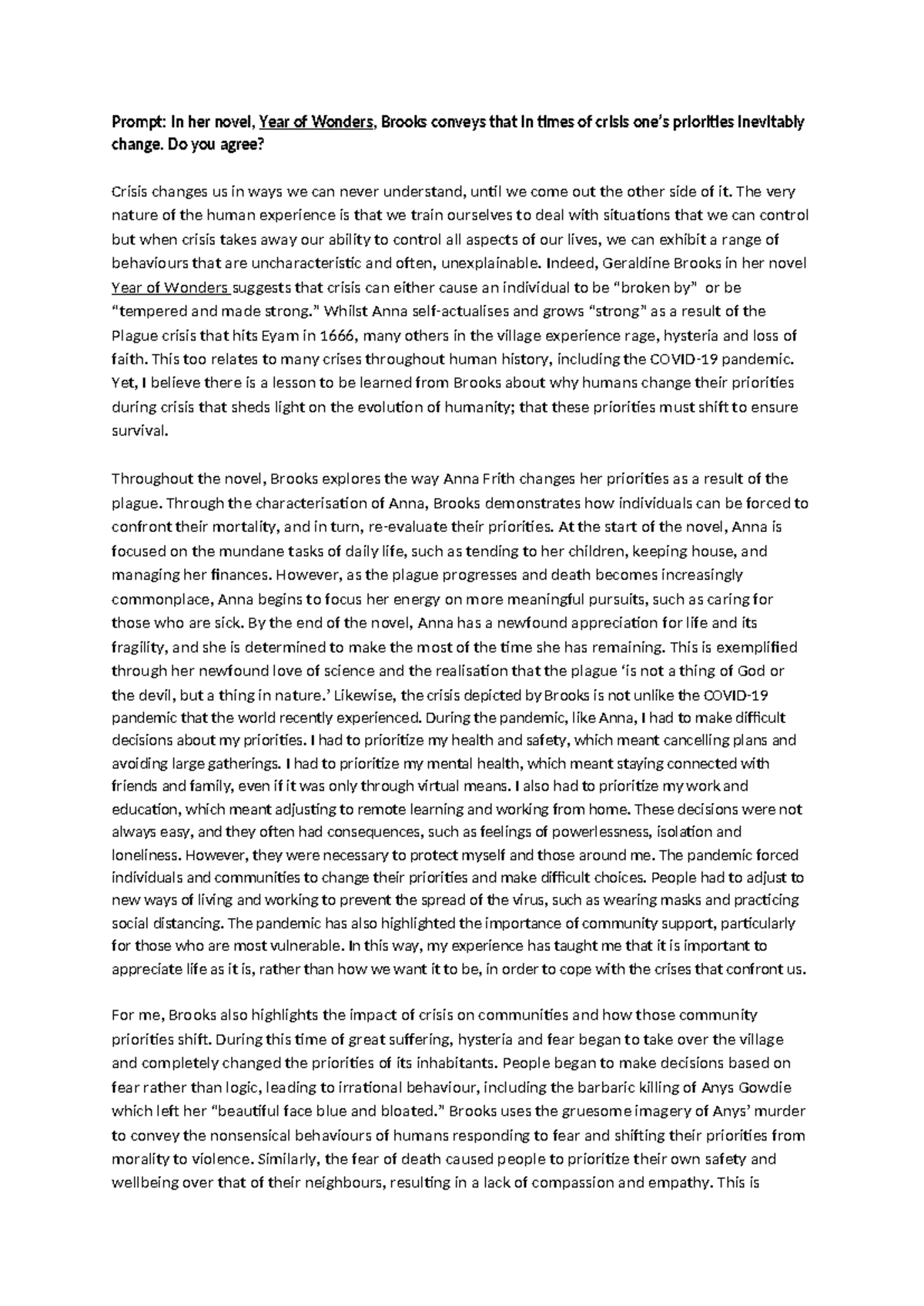 Worked example personal response - Prompt: In her novel, Year of ...