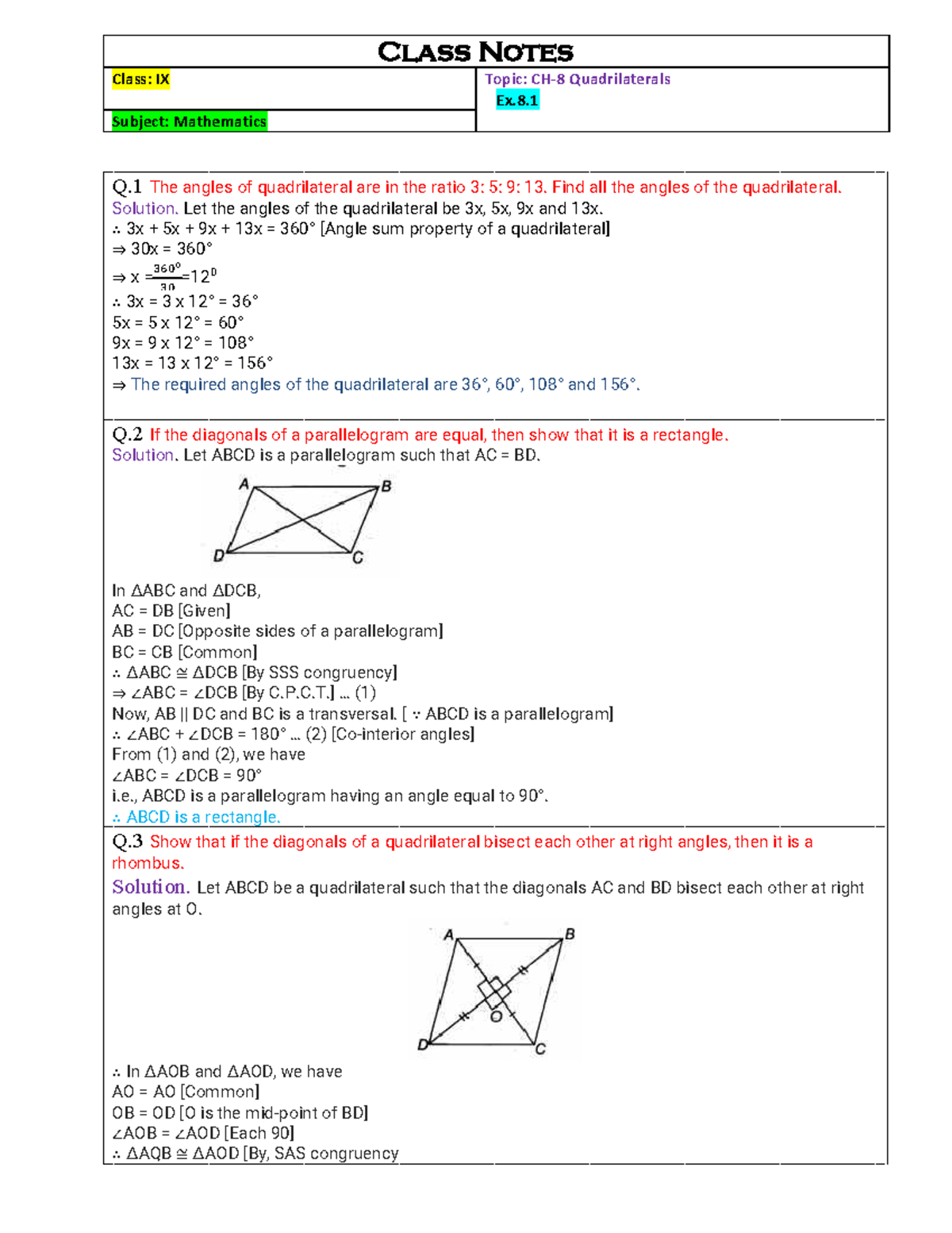 9-Mathematics - Class Notes Class: IX Topic: CH-8 Quadrilaterals Ex ...