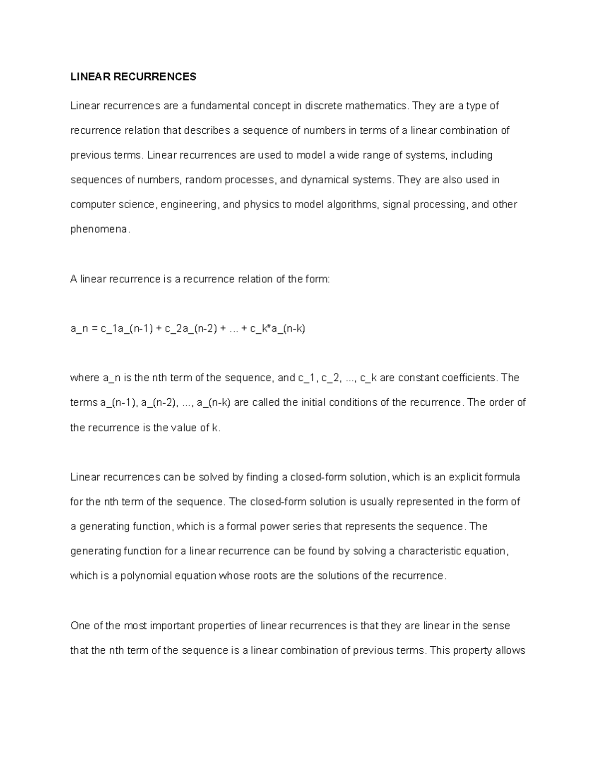 Linear Recurrences Summary - LINEAR RECURRENCES Linear recurrences are ...