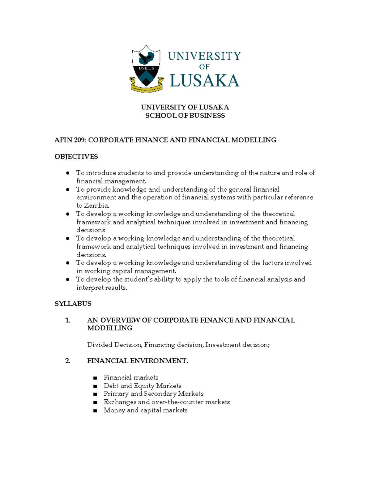 AFIN209 Course Outline - UNIVERSITY OF LUSAKA SCHOOL OF BUSINESS AFIN ...