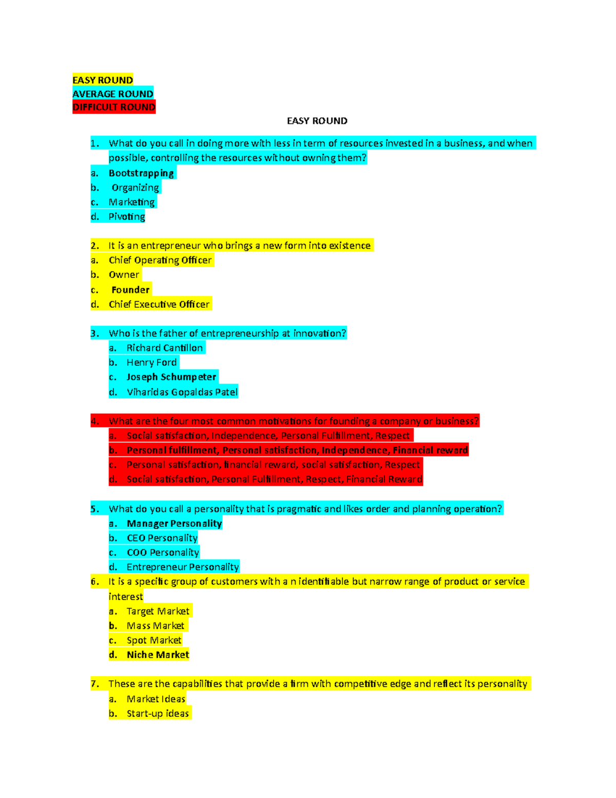 Entrep-questions colored - EASY ROUND AVERAGE ROUND DIFFICULT ROUND ...
