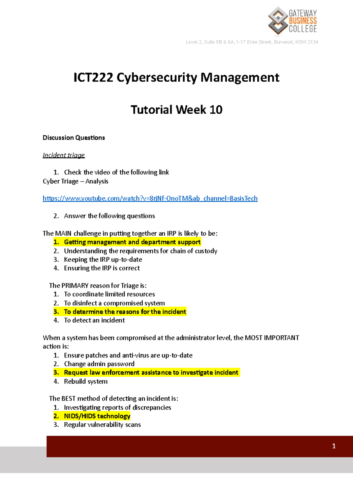 ICT222 Cybersecurity Management Week 10 Tutorial - ICT222 Cybersecurity Management Tutorial Week ...