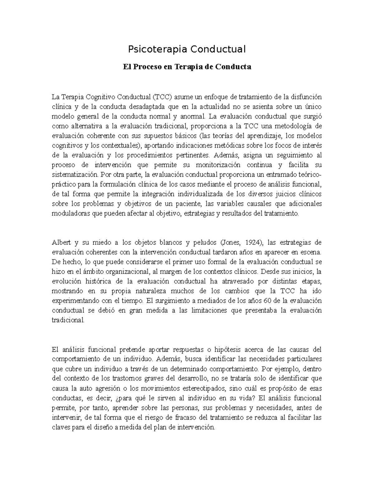 Unidad 2 - Psicoterapia Conductual El Proceso en Terapia de Conducta La ...