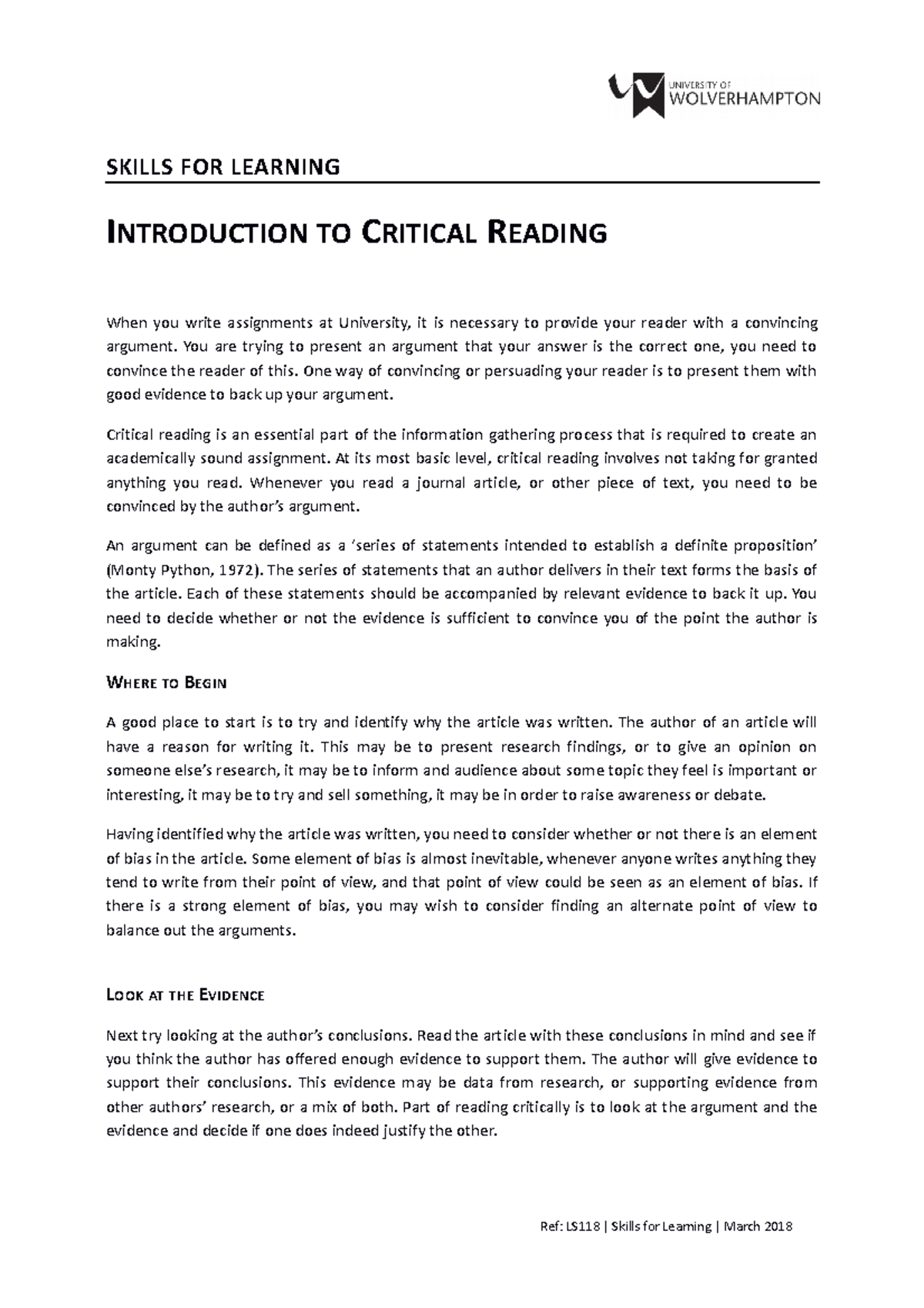 LS118 Introduction to critical reading - SKILLS FOR LEARNING ...