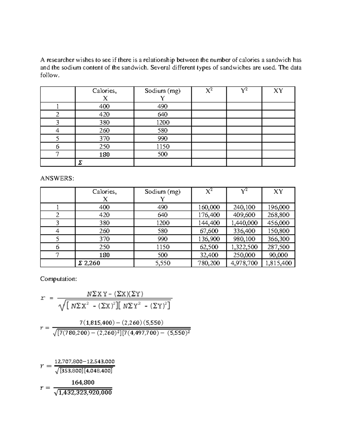 Seatwork - Correlation - A researcher wishes to see if there is a relationship between the ...