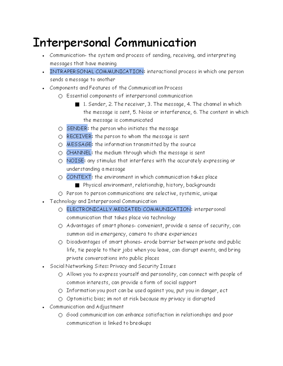 CH.8 Reading Notes - Interpersonal Communication Communication- the ...