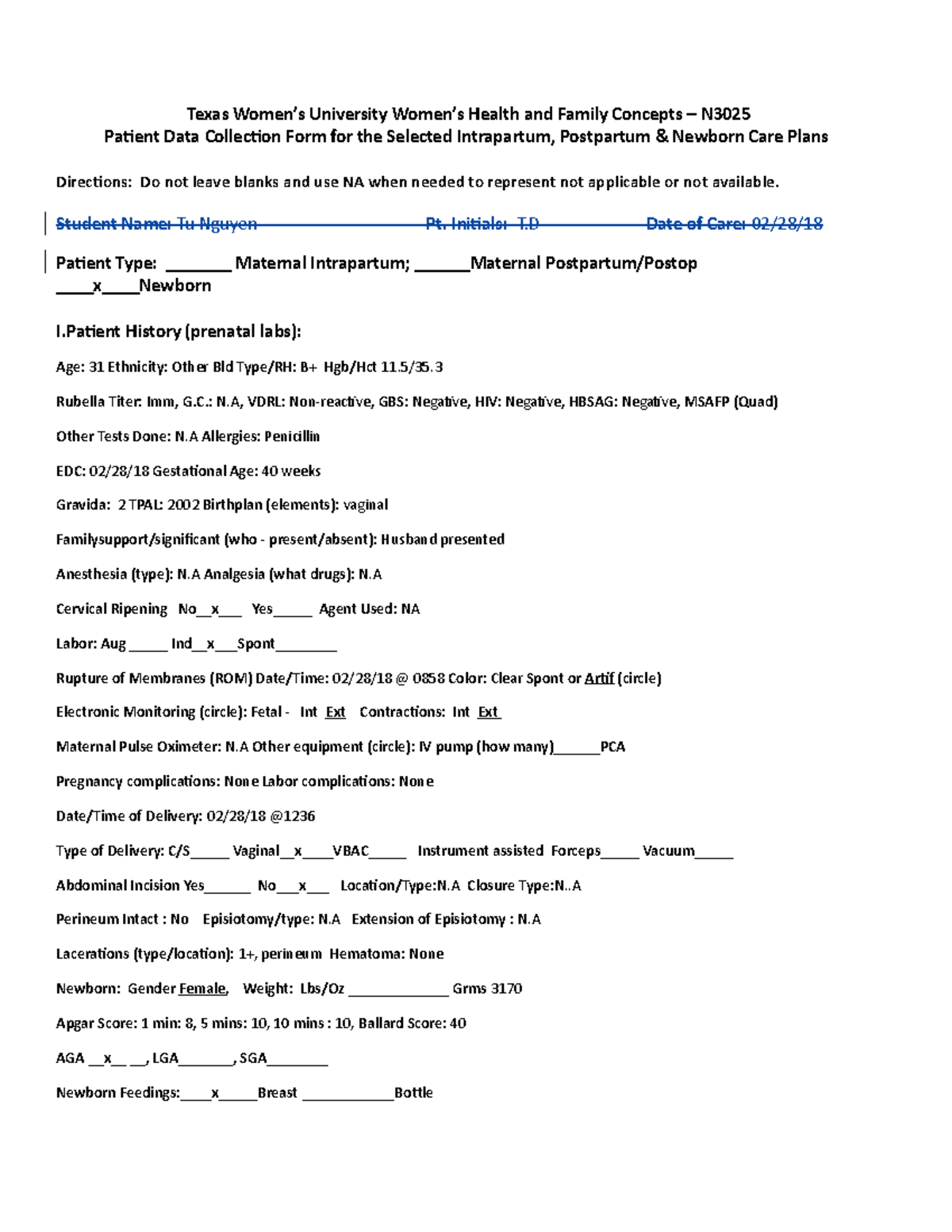 Newborn data collection - Texas Women’s University Women’s Health and ...