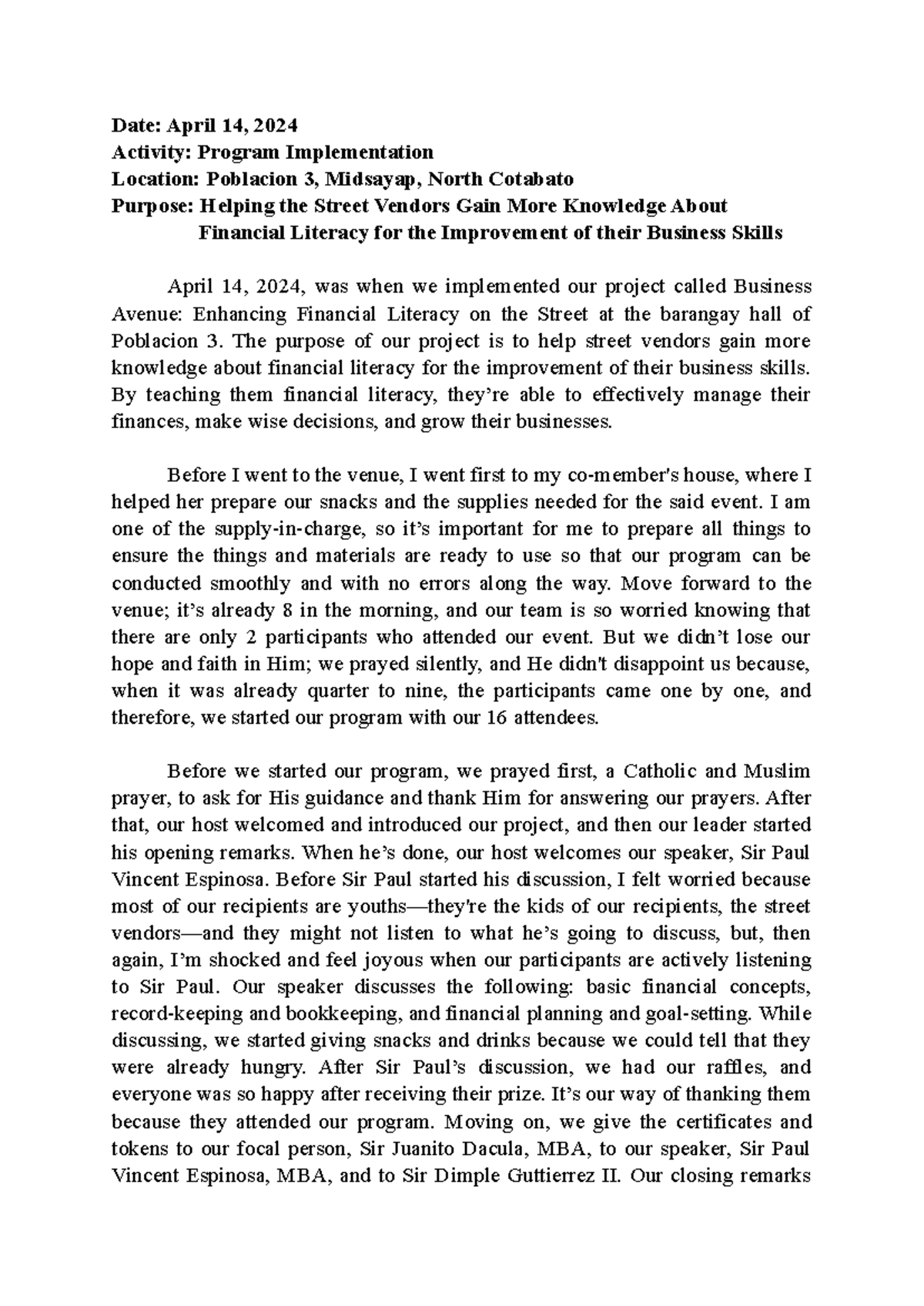 NSTP Program Implementation Joneth E - Date: April 14, 2024 Activity ...