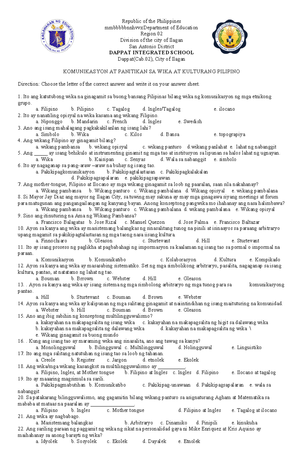 EXAM KOM - KOmunikasyon - Republic of the Philippines ...