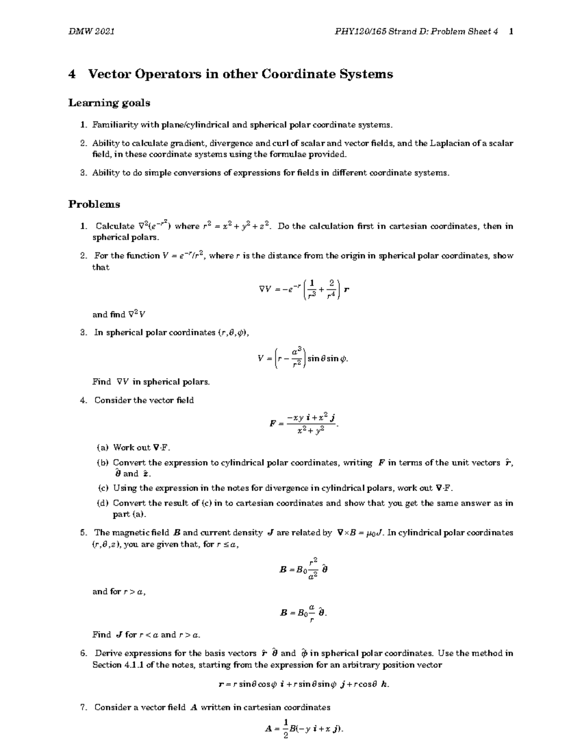 Pc4 - Practise Questions - DMW 2021 PHY120/165 Strand D: Problem Sheet 4 1 4 Vector Operators in ...