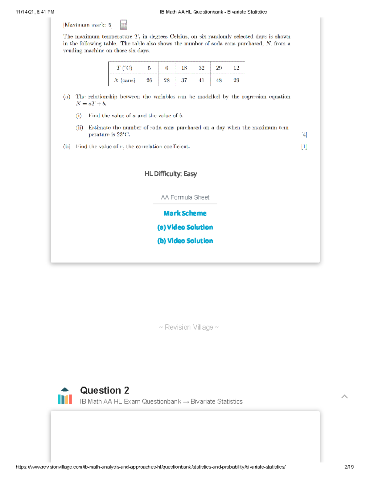 Statistics - RV -3 - HL Diculty: Easy AA Formula Sheet Mark Scheme (a ...
