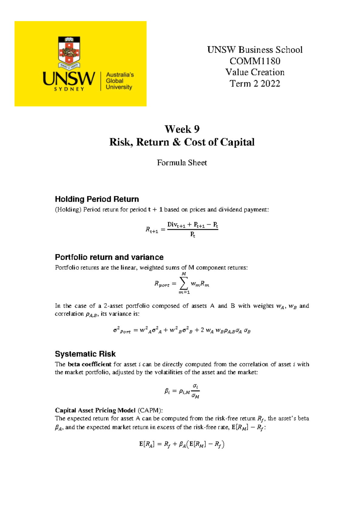 COMM1180 2022T2 Week 9 - Formula Sheet - Week 9 Risk, Return & Cost of ...