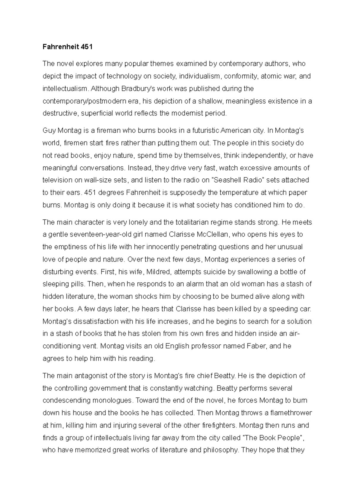 Fahrenheit 451 - Kort resume - Fahrenheit 451 The novel explores many ...