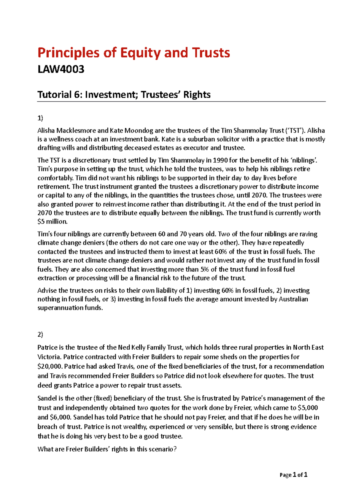 2022 LAW4003 Tutorial 6 Handout - Principles of Equity and Trusts LAW ...