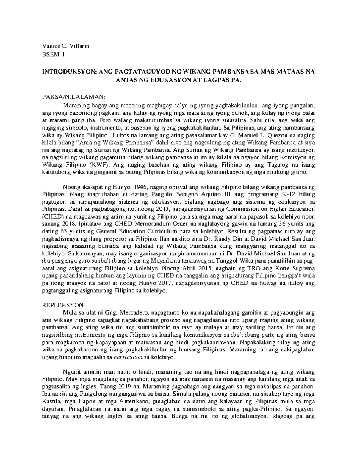 Introduksyon ANG Pagtataguyod NG Wikang - Vanice C. Villarin BSEM ...