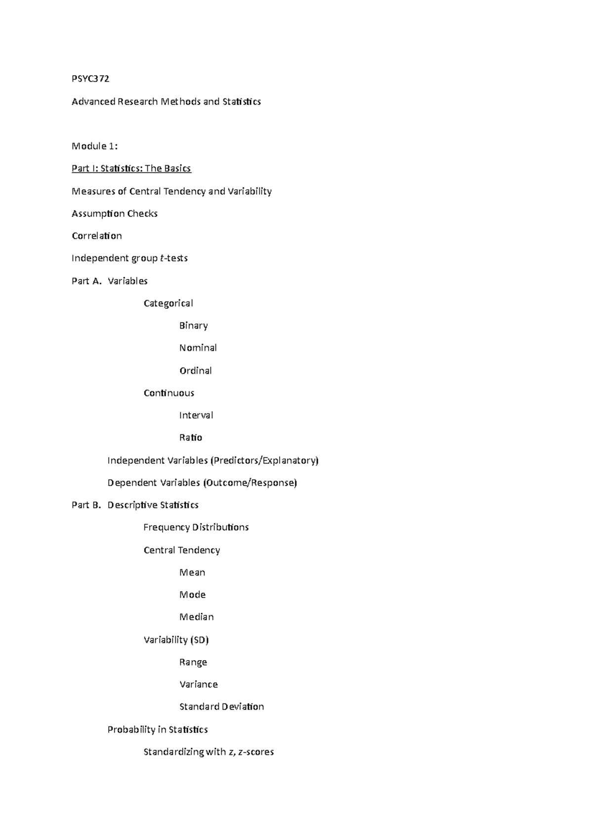 Psyc372 Course Notes Minus Anova Module Psyc Advanced Research Methods And Statistics Module 1