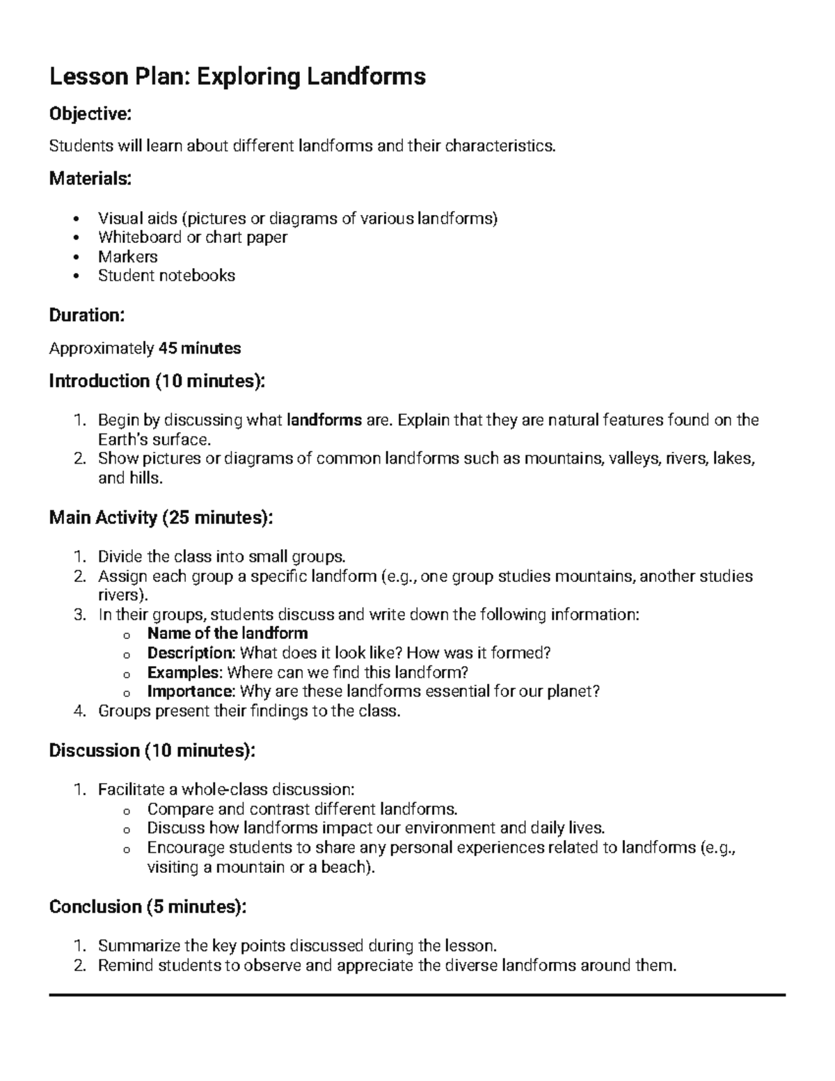 Lesson Plan G3 - Lesson Plan: Exploring Landforms Objective: Students ...