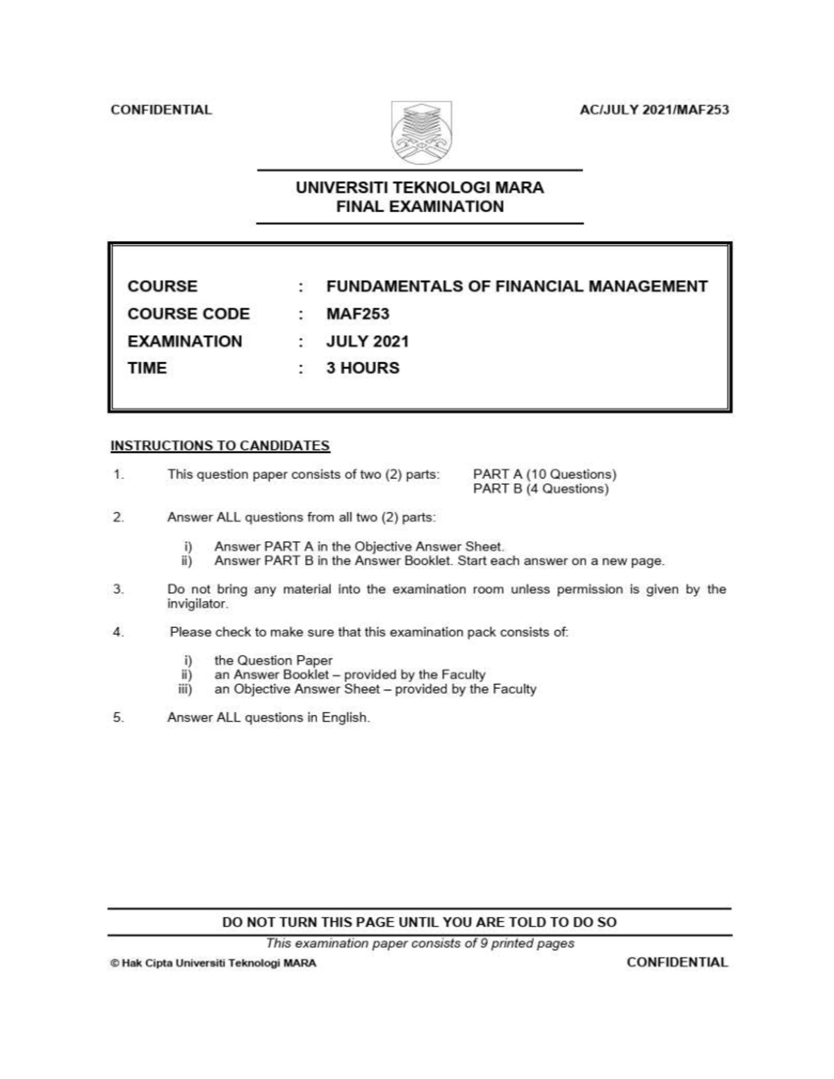 JULY 2021 - Q - maf253 financial management july 2021 question paper ...
