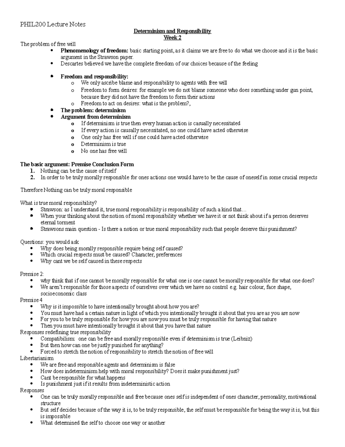 PHIL200 Lecture Notes - PHIL200 Lecture Notes Determinism and ...