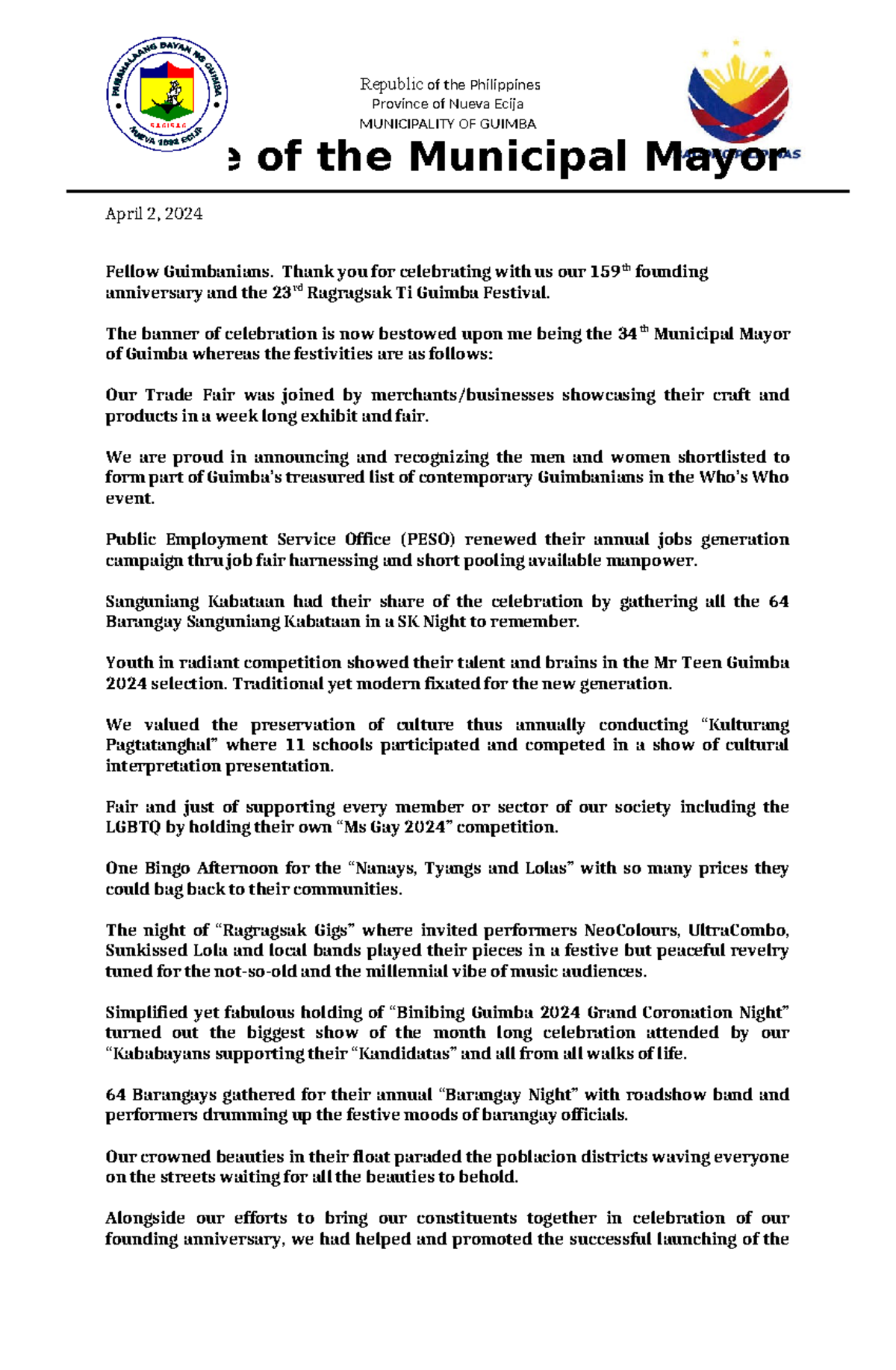 Message 159th founding anniversary - Republic of the Philippines ...