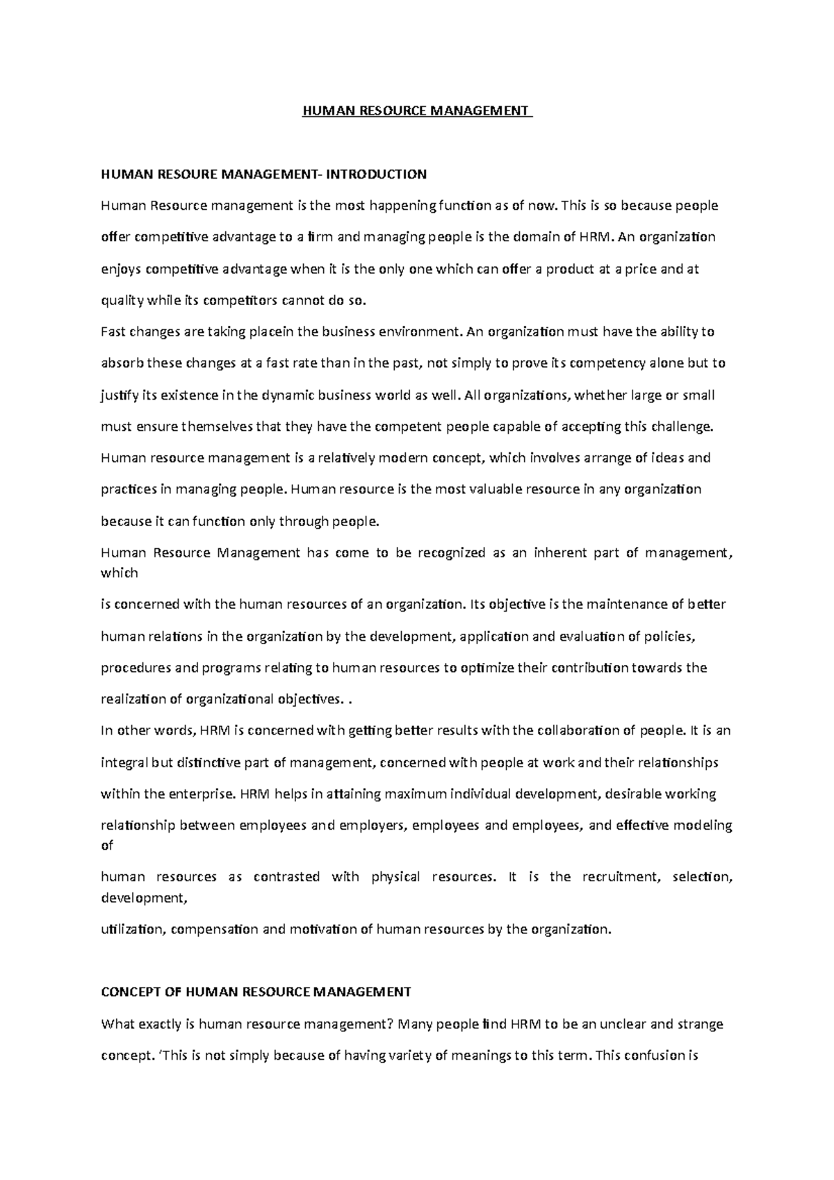 Hrm 1 - Short note - HUMAN RESOURCE MANAGEMENT HUMAN RESOURE MANAGEMENT ...