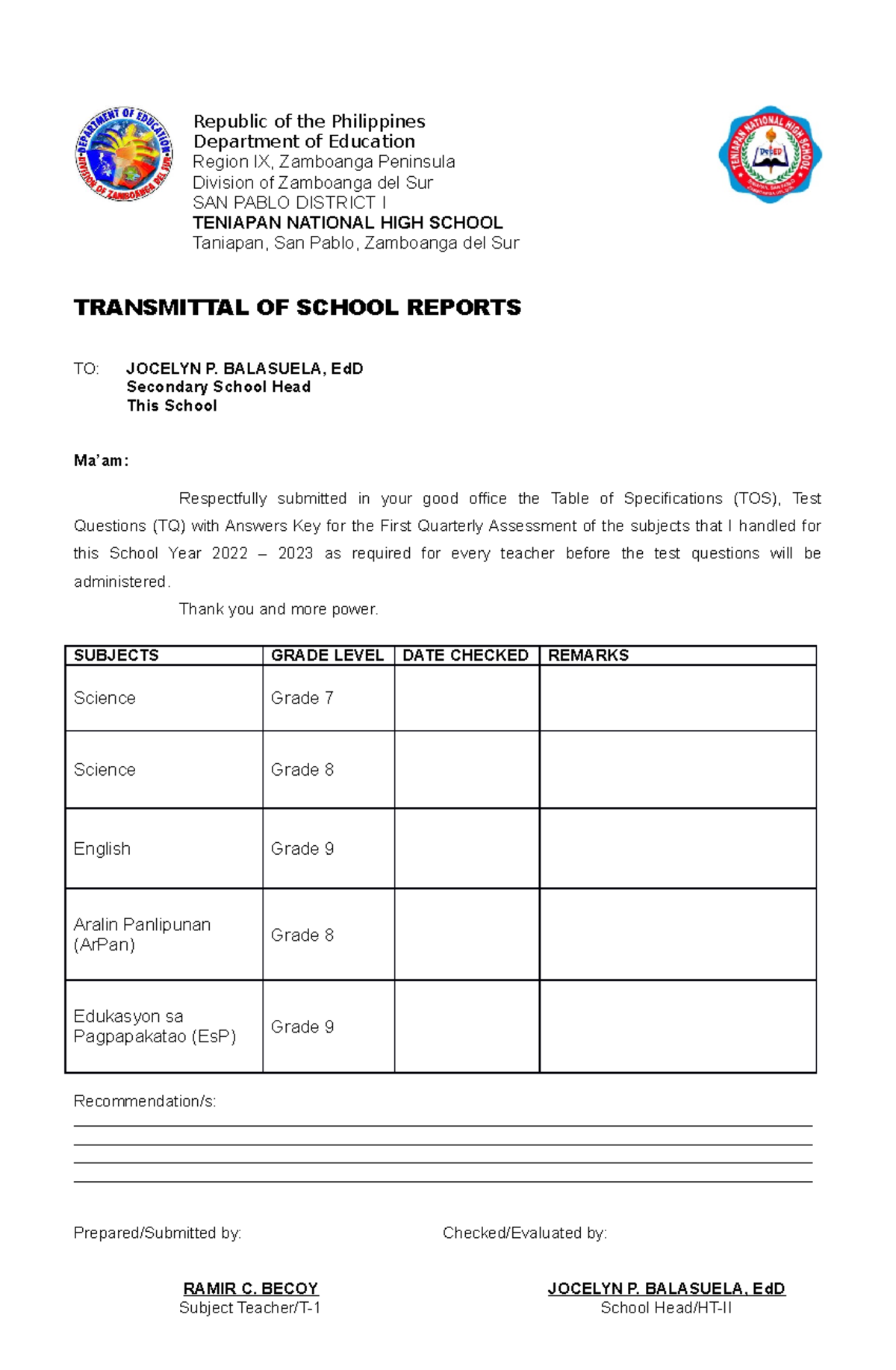 Transmittal OF School Reports - TRANSMITTAL OF SCHOOL REPORTS TO ...