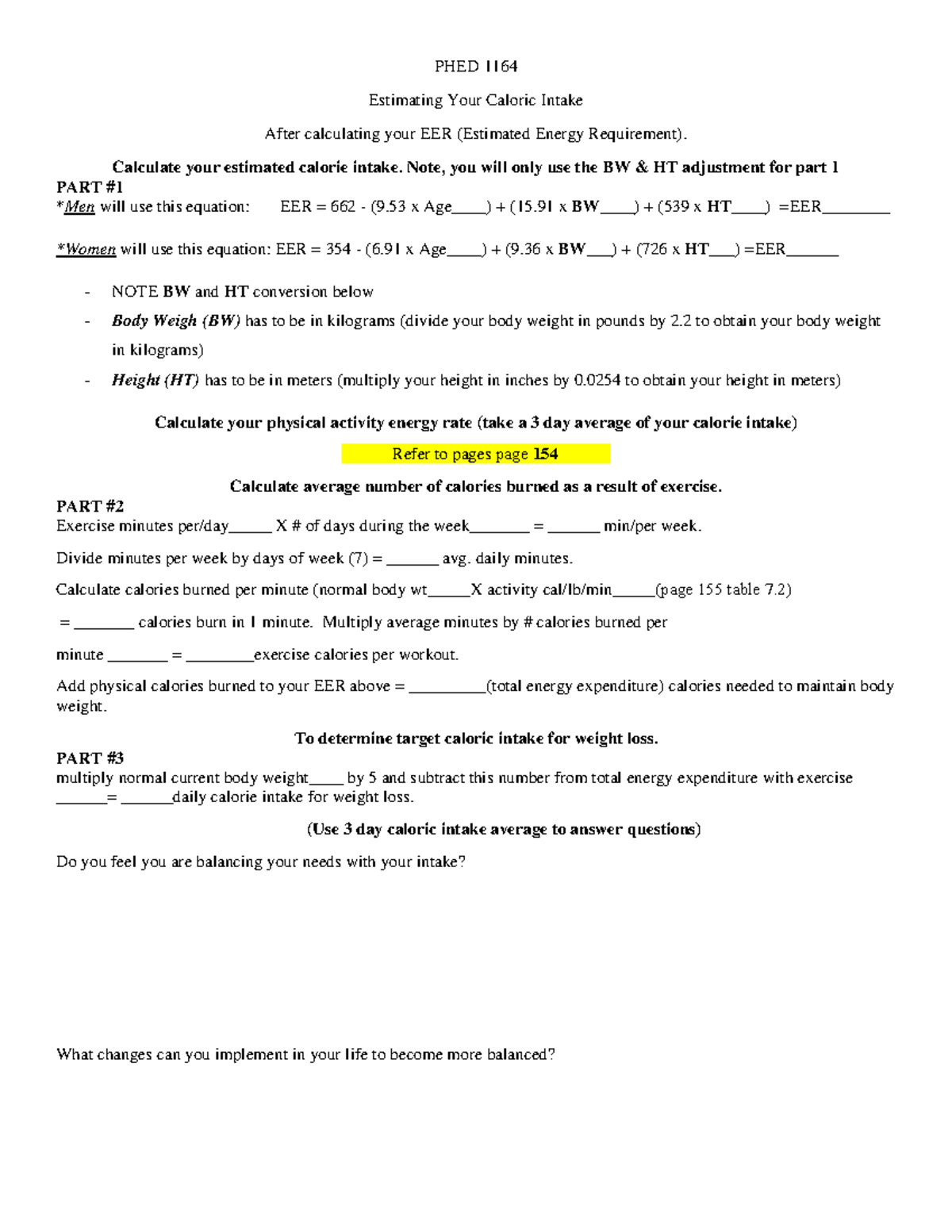 Calorie formula 1 - Ess - PHED 1164 Estimating Your Caloric Intake ...