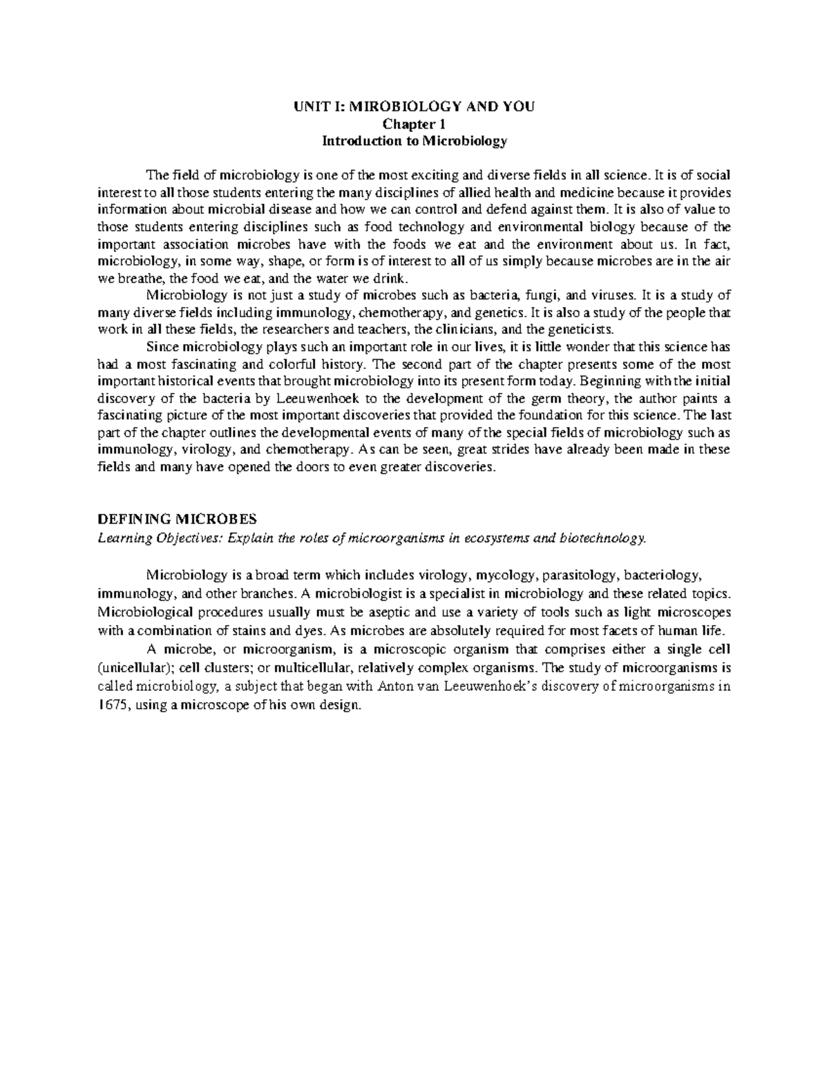 1. Learning resources Chapter 1 - UNIT I: MIROBIOLOGY AND YOU Chapter 1 ...