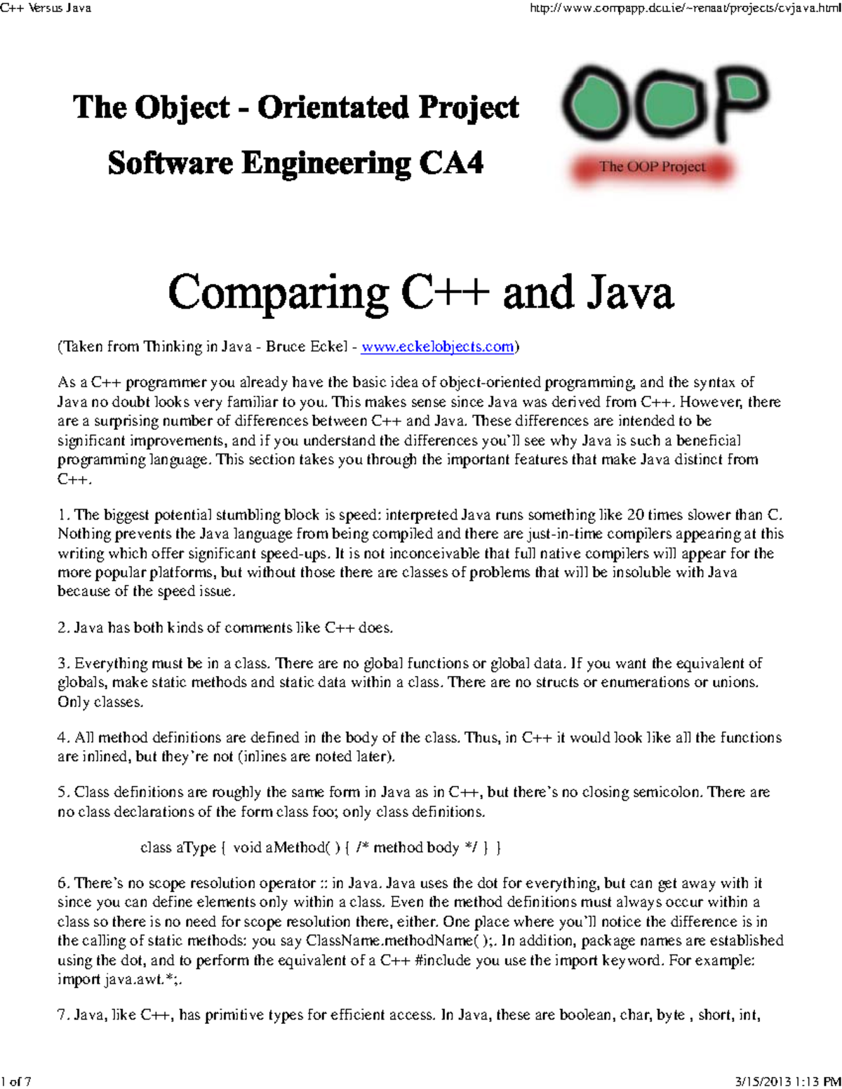 Chapter 10a C++ vs Java - (Taken from Thinking in Java - Bruce Eckel - eckelobjects) As a C++ ...