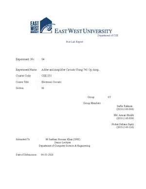 Lab 3 report - East West University Department of CSE LAB REPORT Course Code and Name: CSE251 ...