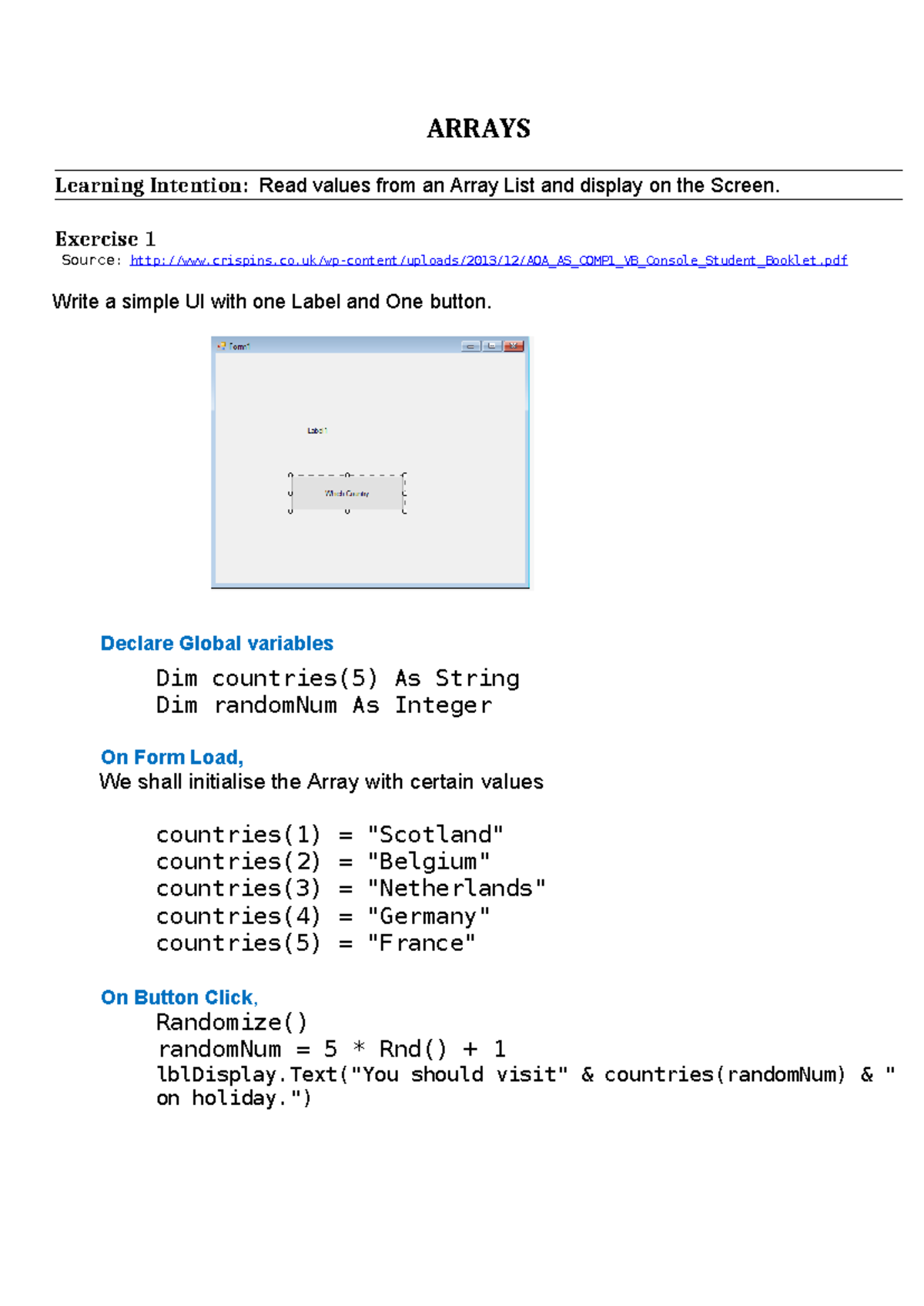 Arrays - Exercise 1 - yur - ARRAYS Learning Intention: Read values from an Array List and ...
