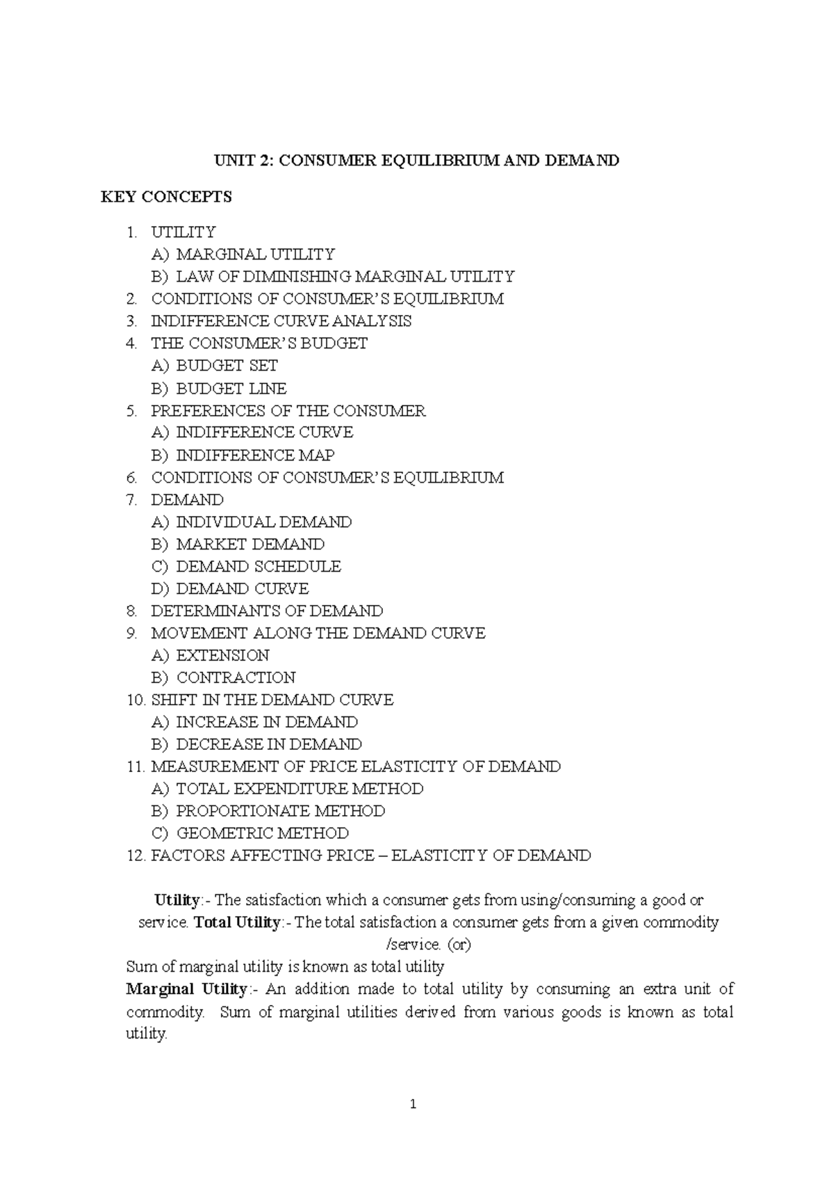 12 economics notes micro ch02 consumer equilibrium and demand - UNIT 2 ...