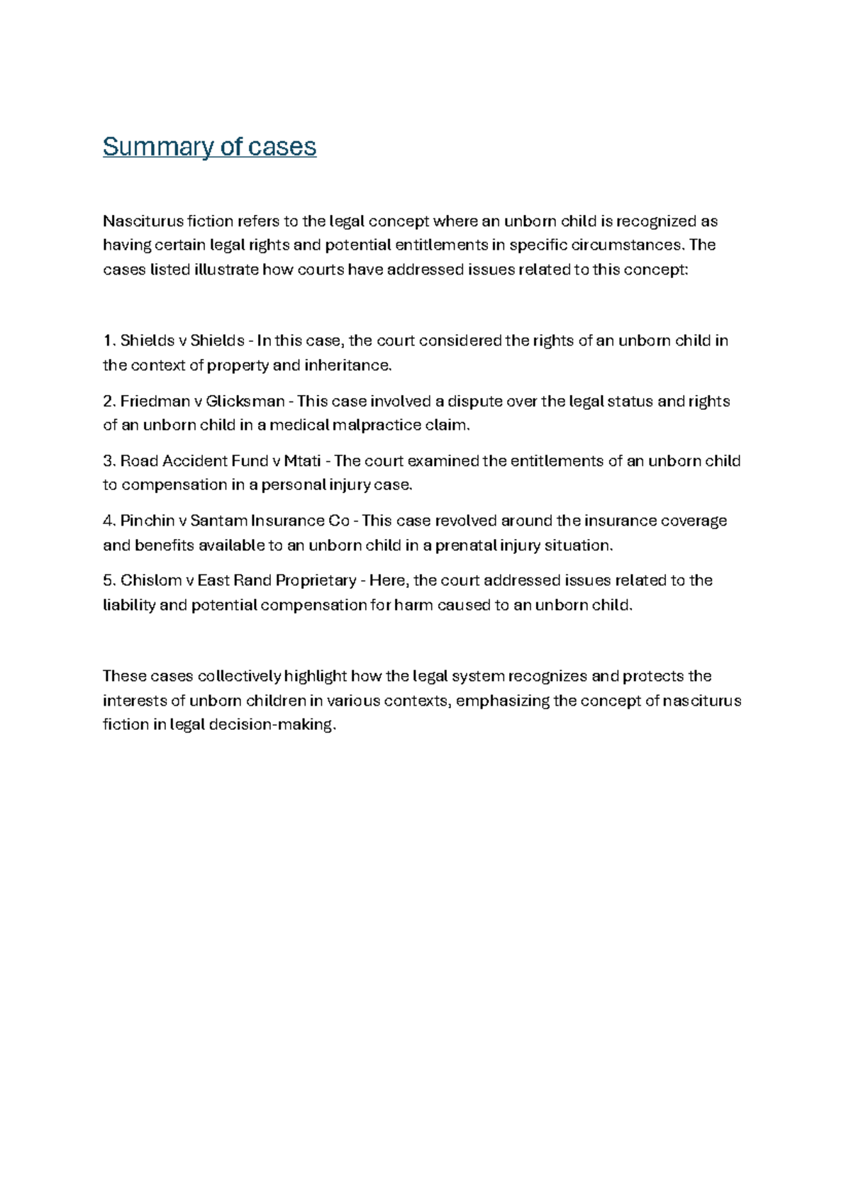 Pvl case summary - Summary of cases Nasciturus fiction refers to the ...