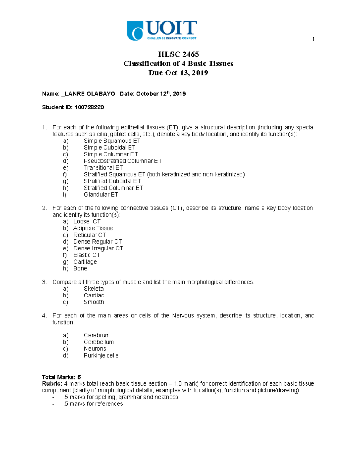 4BT Chart PART 2 - HLSC 2465 Classification of 4 Basic Tissues Due Oct ...