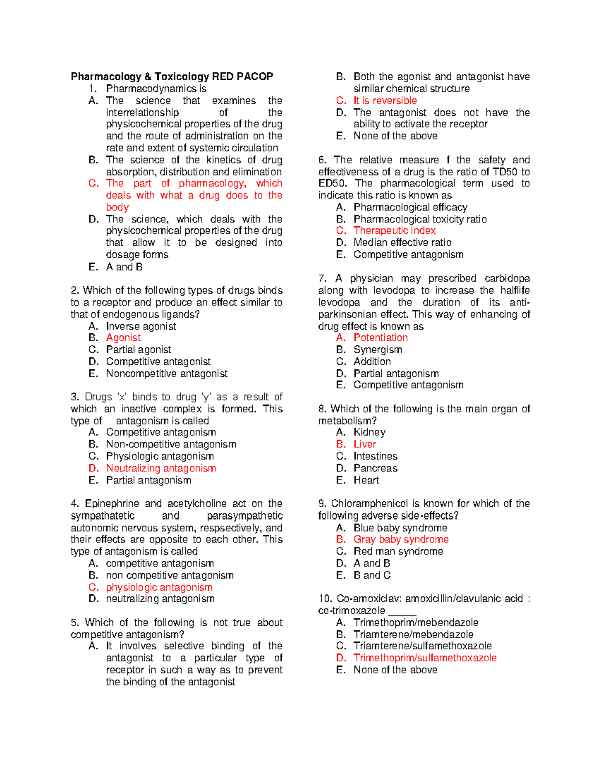 Pharmacology and Toxicology Answer Key (Red PACOP) - Pharmacology ...