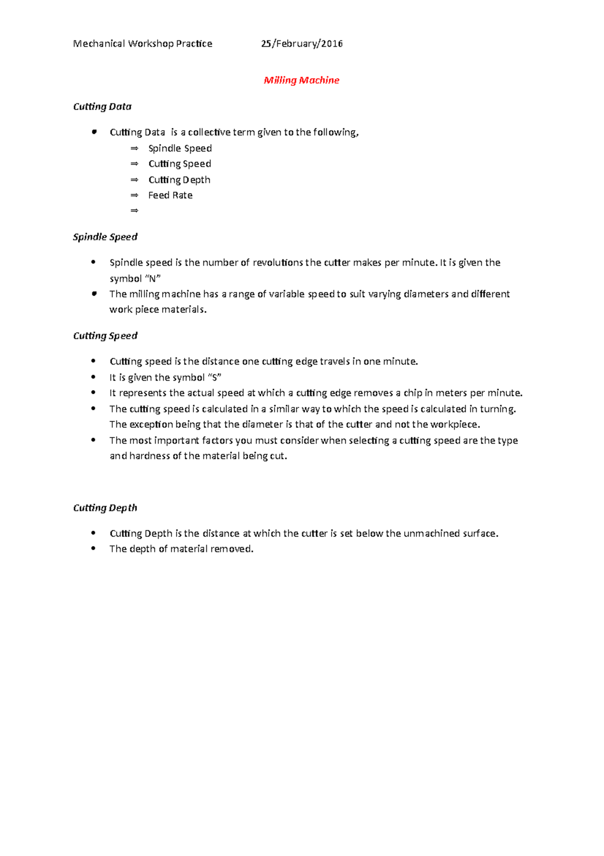 Milling Machine - Detailed notes from Lecturer Tony Kelly which include ...