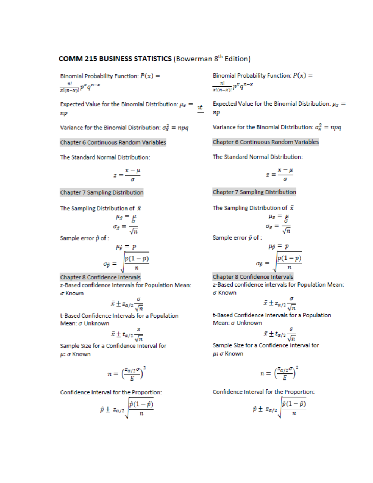 Comm 215 formula sheet - COMM 215 - Studocu