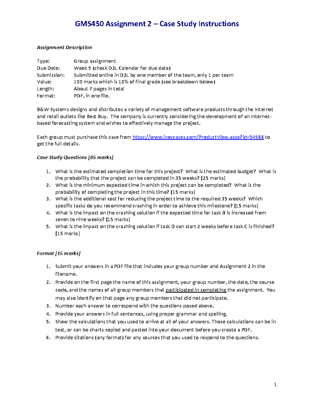 GMS450 Assignment 2 Instructions W21 - GMS450 Assignment 2 – Case Study Instructions 1 ...