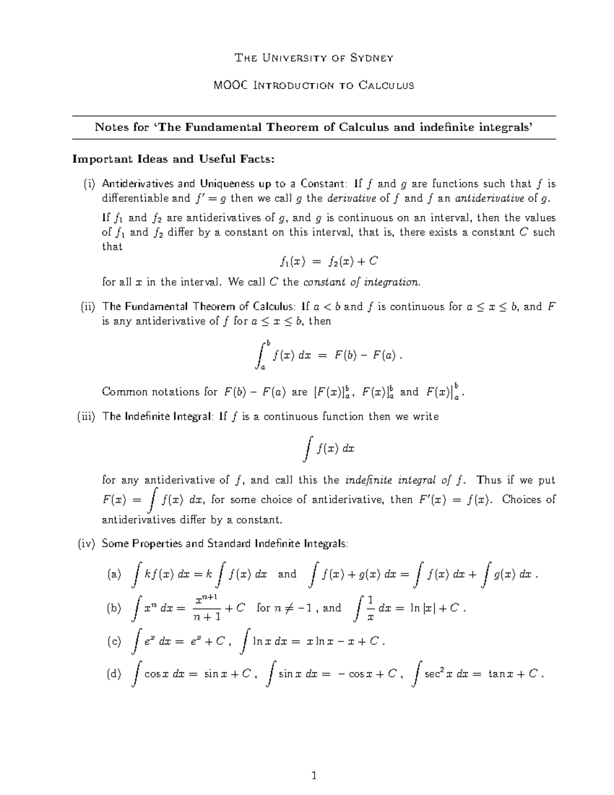 Indefinite integrals - note - The University of Sydney MOOC ...