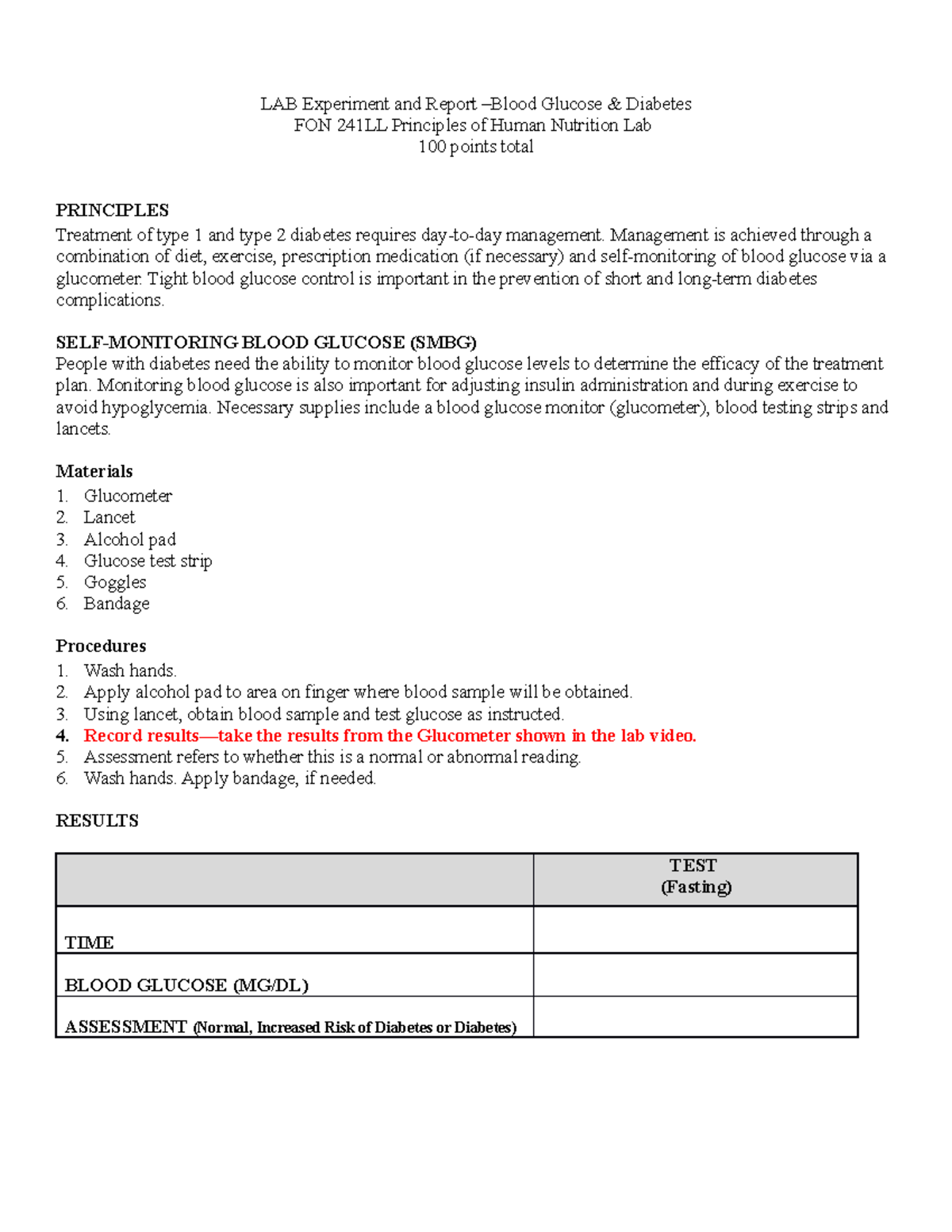 LAB Experiment & Report Blood Glucose FON 241LL - LAB Experiment and ...