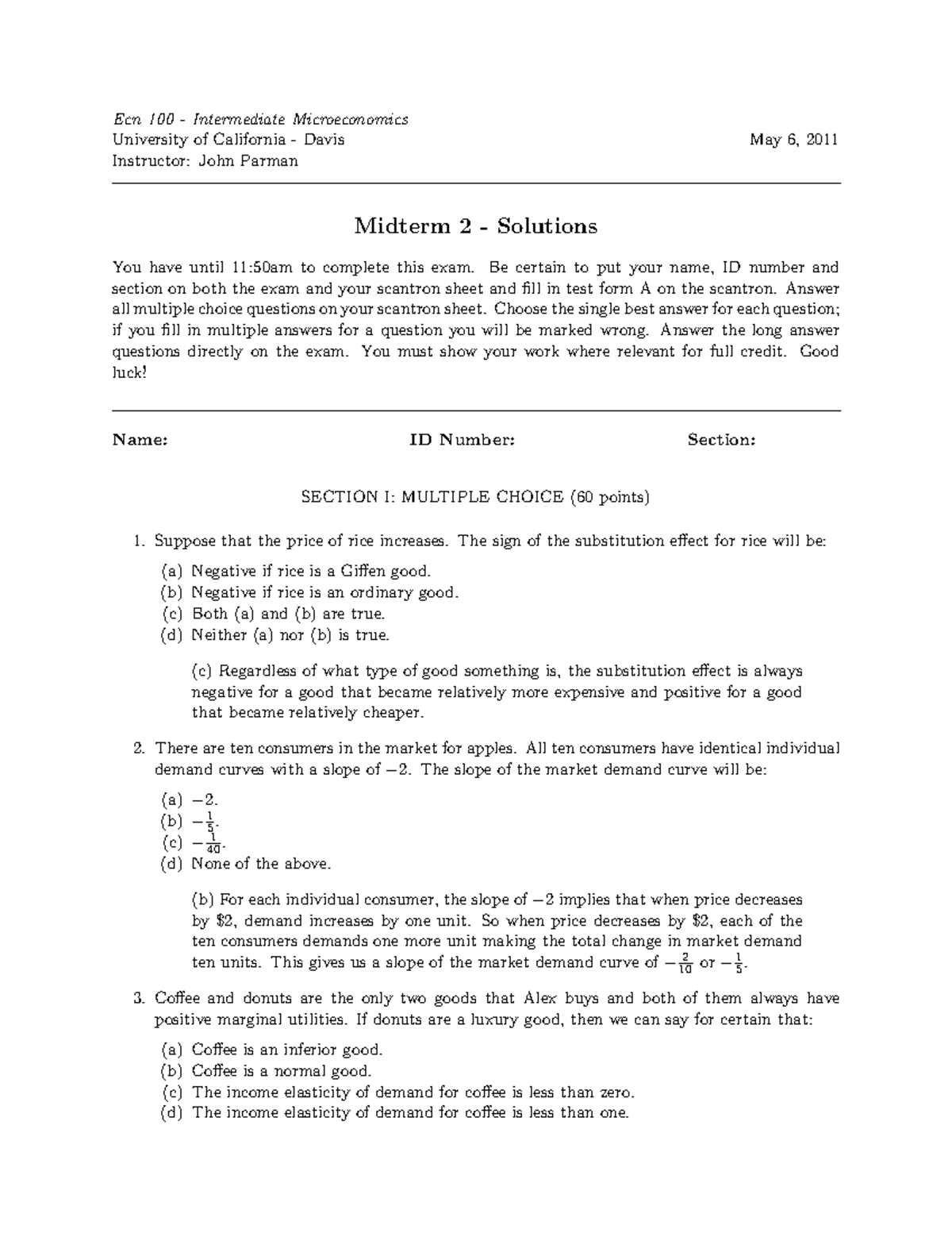 Ecn 100 s11 midterm 2 solutions - Ecn 100 - Intermediate Microeconomics ...