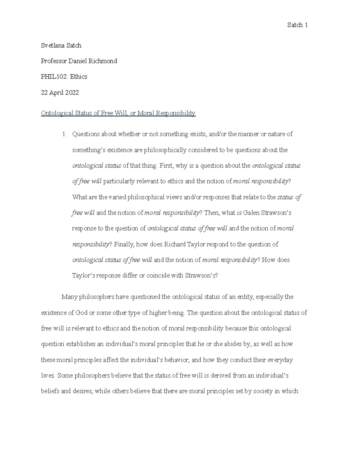 Final - Professor Daniel Richmond PHIL102: Ethics - Svetlana Satch ...