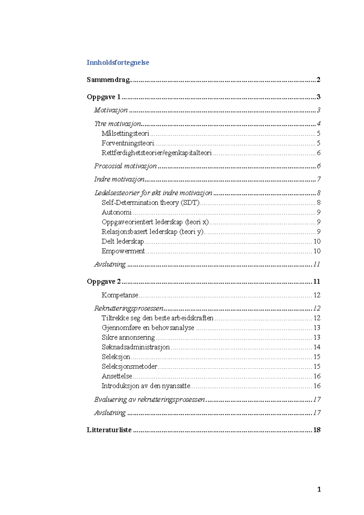 BST1410 Eksamensbesvarelse, karakter B - Innholdsfortegnelse Sammendrag Oppgave Motivasjon Ytre ...