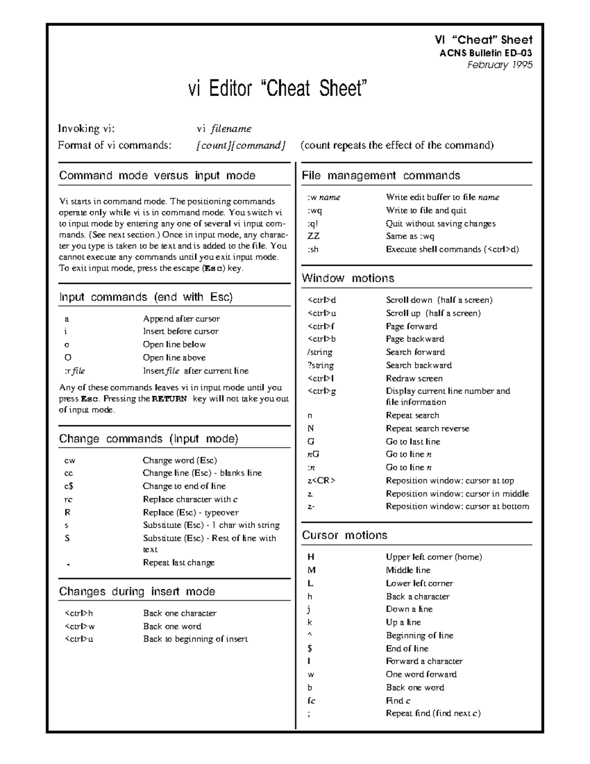 Vi cheat sheet - VI “Cheat” Sheet ACNS Bulletin ED– February 1995 File ...