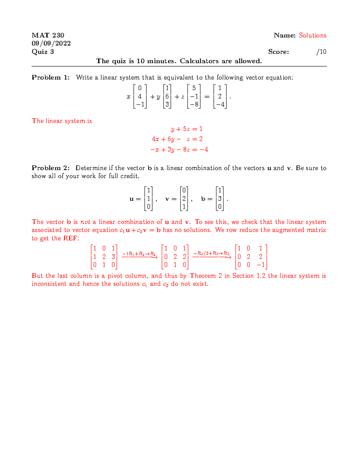 Quiz 3, Solutions - MAtrix algebra quiz with answers - MAT 230 Name ...
