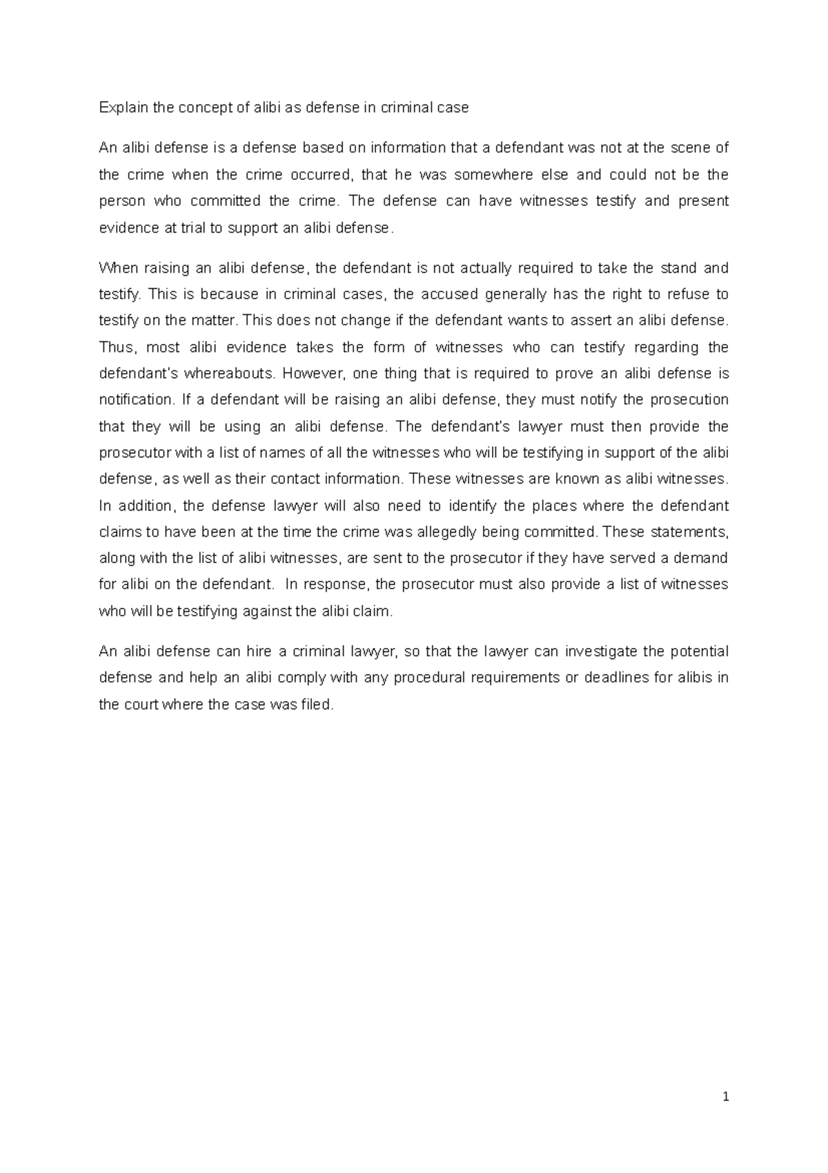 Tutorial - group work - Explain the concept of alibi as defense in ...