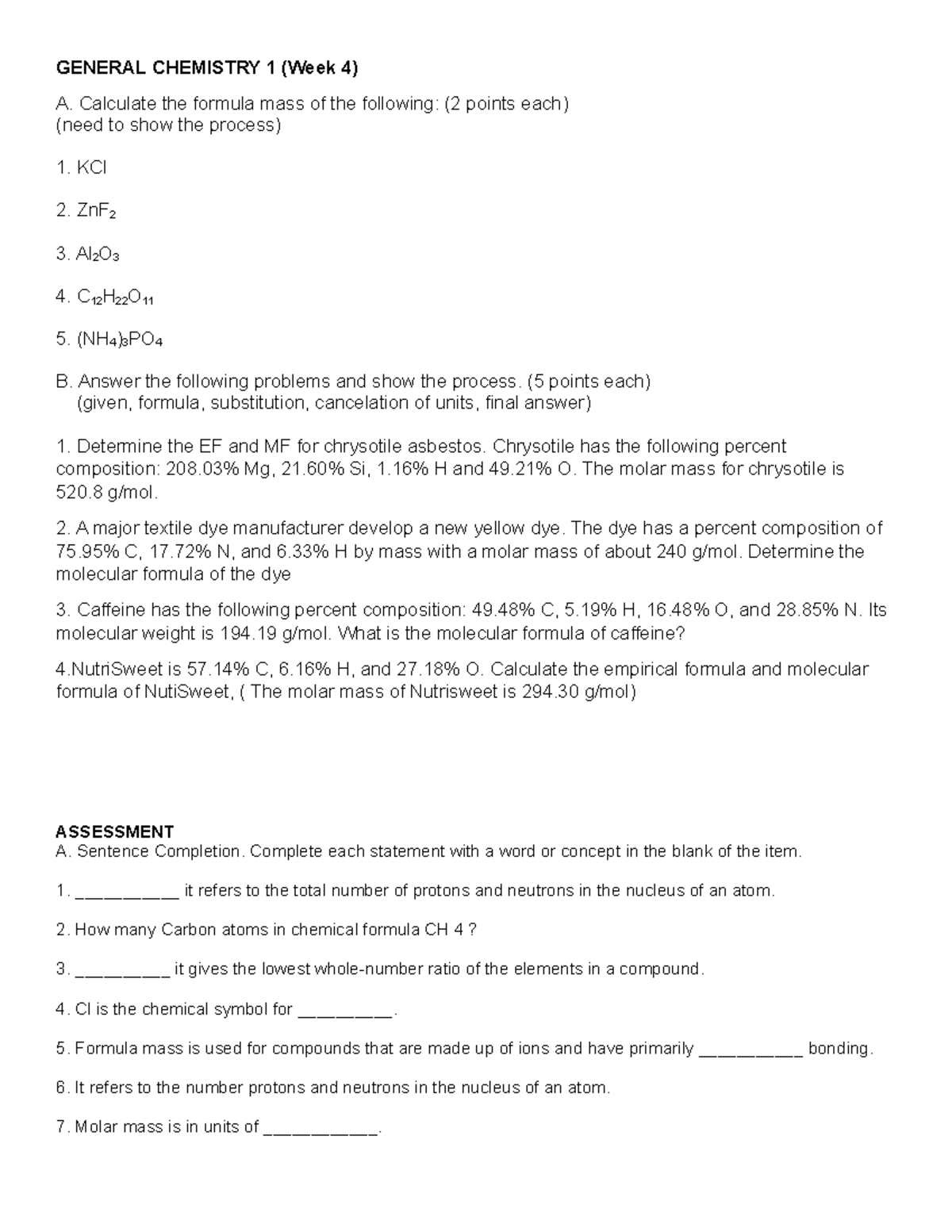 Week-4 - Practice chemistry (molecular mass, empirical formula ...